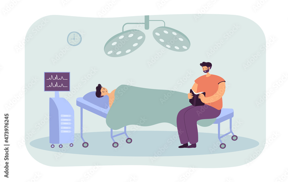 Father reading book to son in coma. Unconscious boy lying in hospital ...