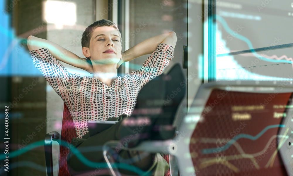 Businesswoman with eyes closed relaxing in office Stock Photo | Adobe Stock