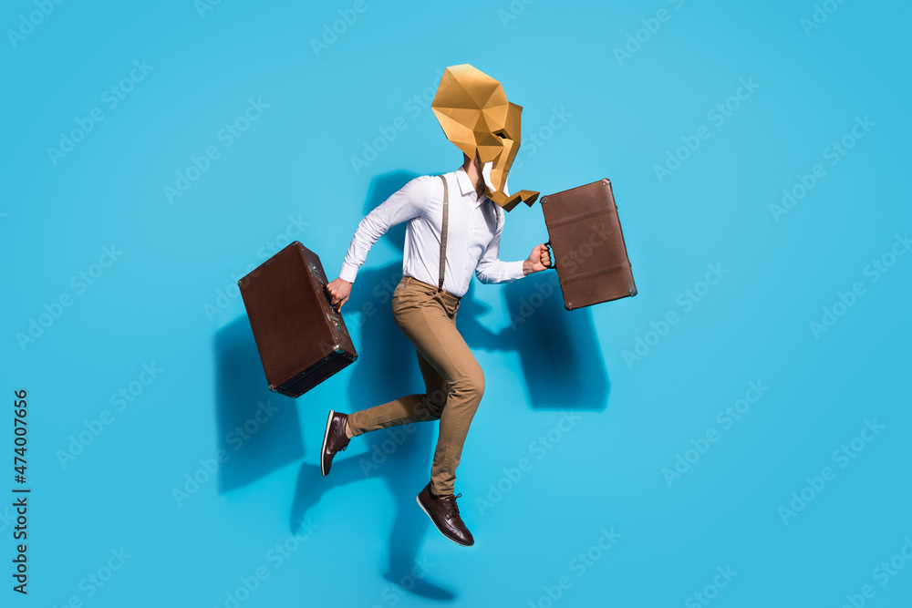 Full body profile side photo of young man hold bag runner rush speed ...