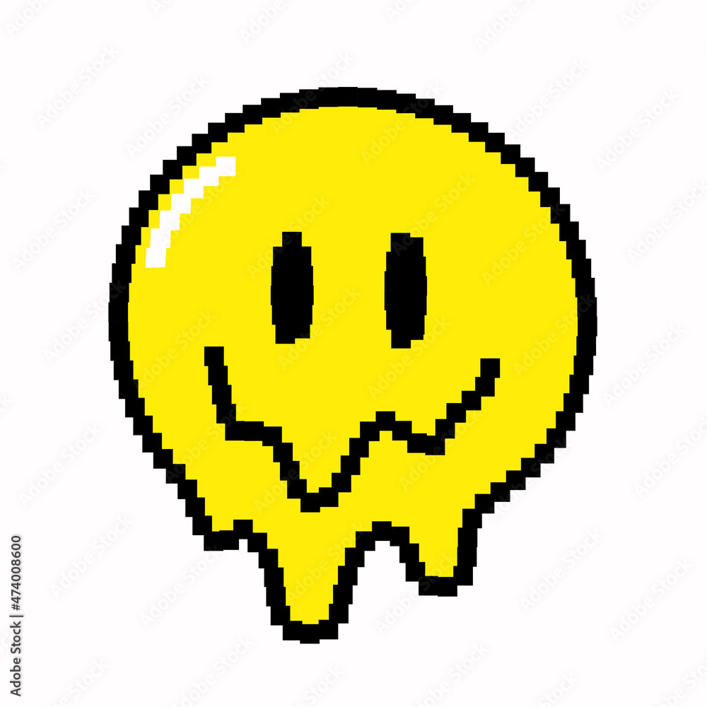 Funny melt smile face pixel art icon. Vector cartoon graphic ...