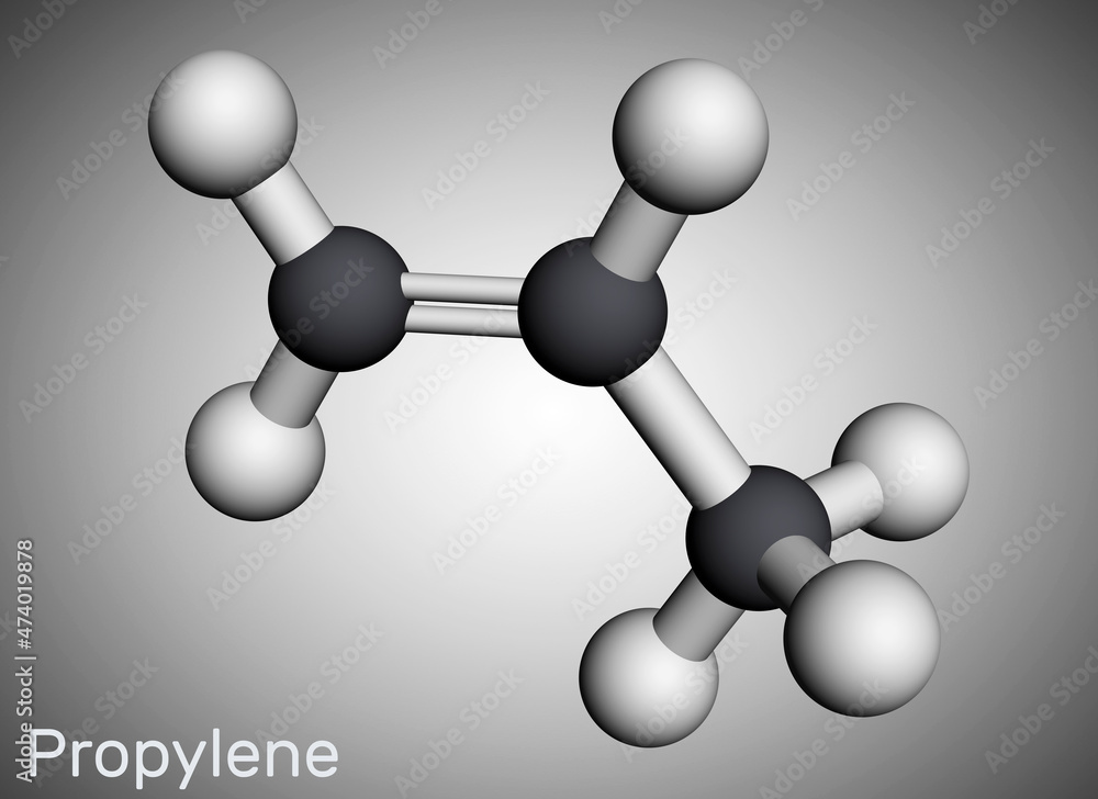 Propene, propylene molecule. It is simplest member of the alkene class ...