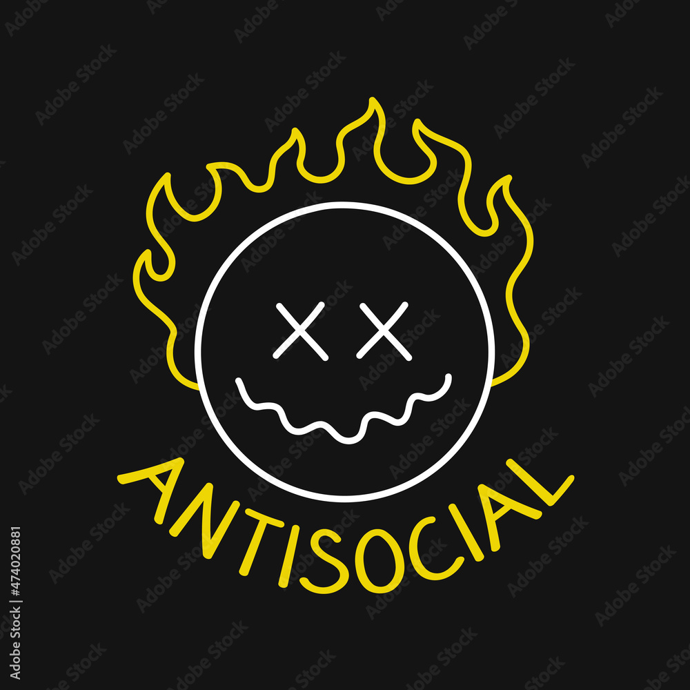 Smile face burn in fire. Antisocial quote. Vector hand drawn doodle ...