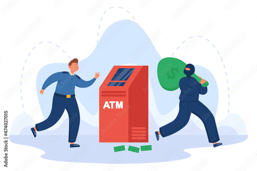 ATM machine attack by bandit, security guard running after thief. Male ...