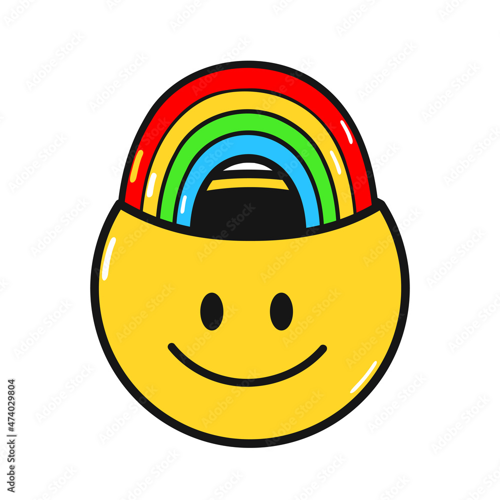 Funny smile face with rainbow inside. Vector hand drawn doodle 90s ...