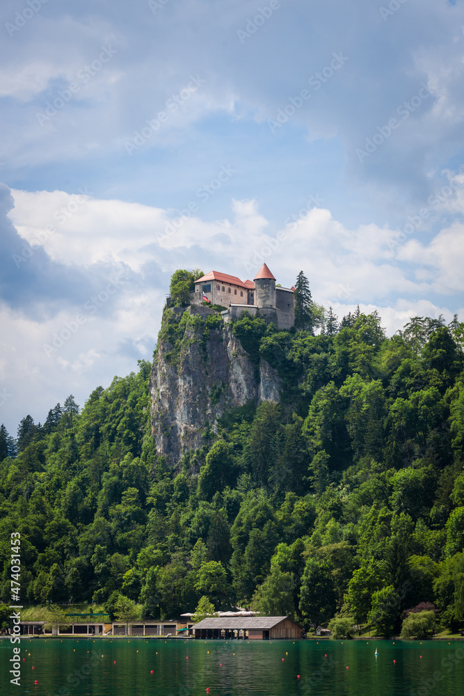 Panorama of the Bled lake, Blejsko Jezero, with its castle, Blejski ...