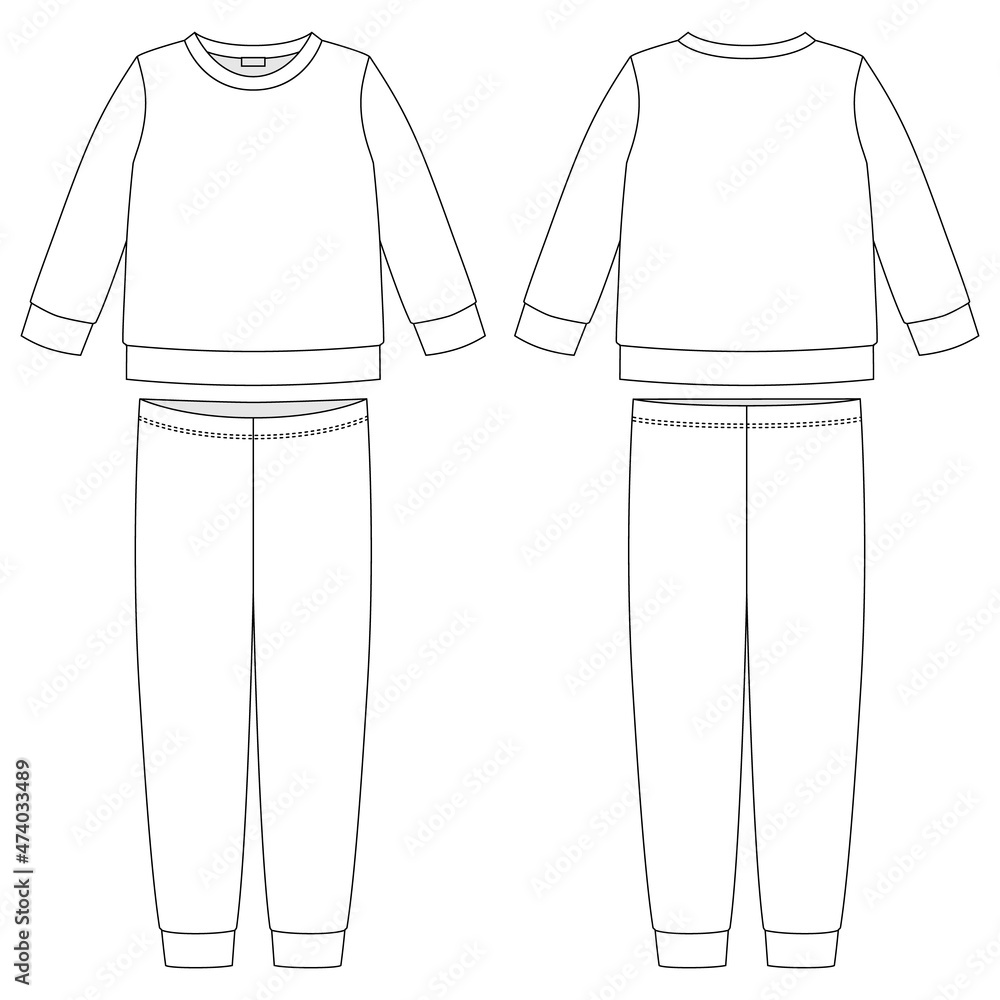 Apparel pajamas technical sketch. Kids outline nighwear design template ...