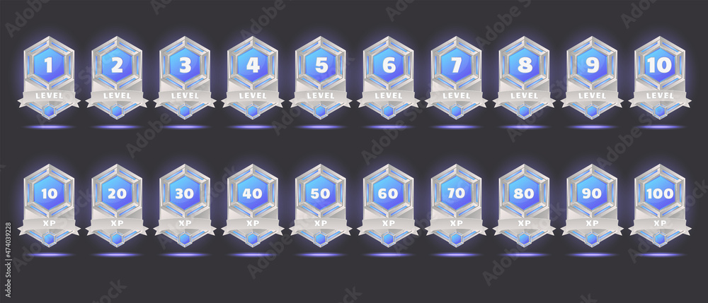 Futuristic badges with level number and experience points for game ui ...