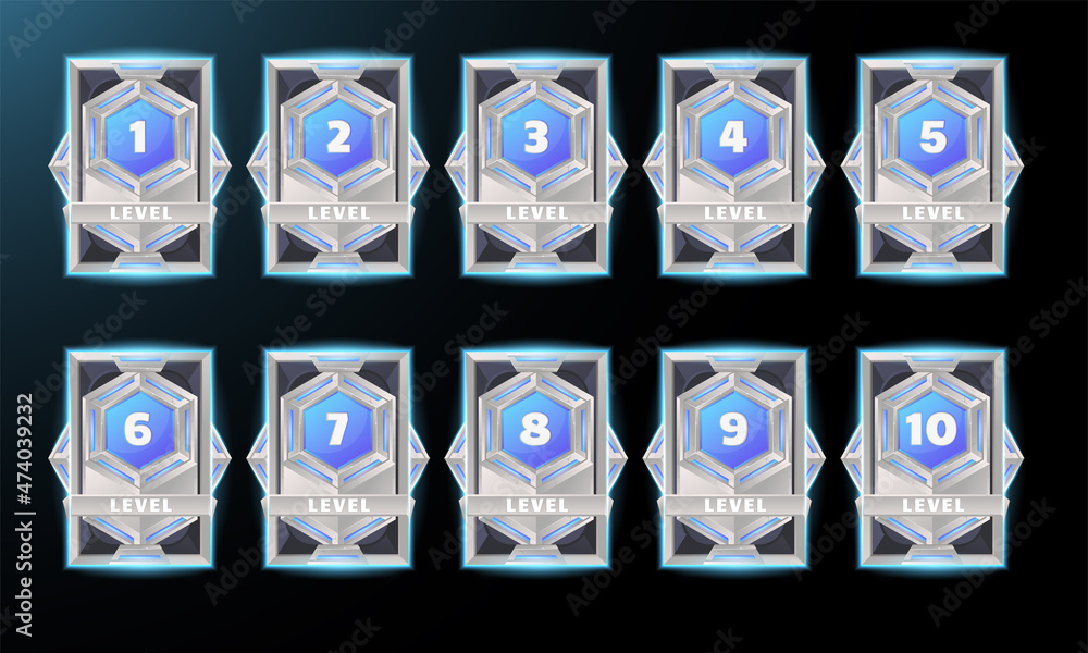 Futuristic badges with level number and experience points for game ui design. Vector cartoon ...