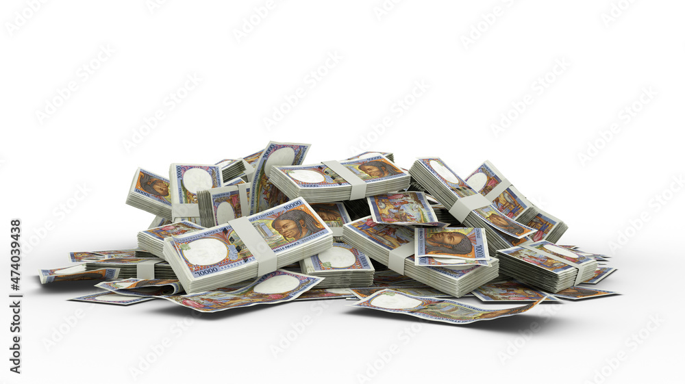 3d stack of 10000 West African CFA franc notes isolated on white ...