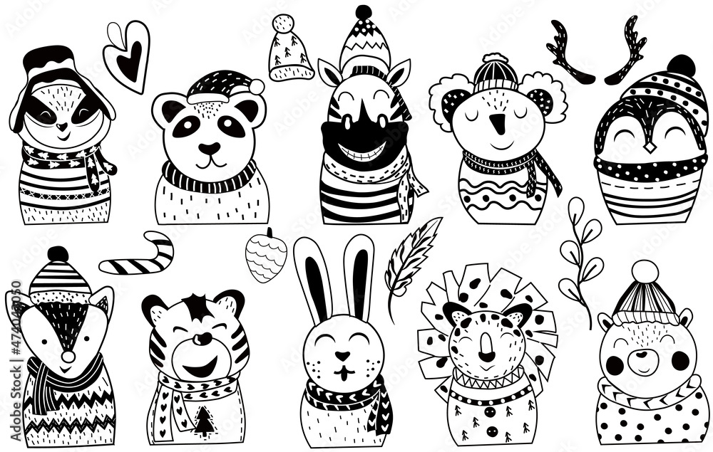 Black and white Cute Christmas Animals: fox, tiger, penguin, rabbit ...