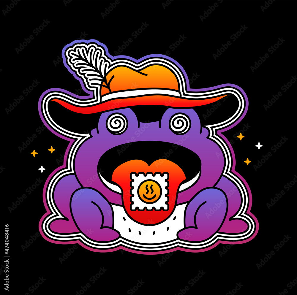 Funny trippy psychedelic frog with acid lsd mark on tongue. Vector hand ...