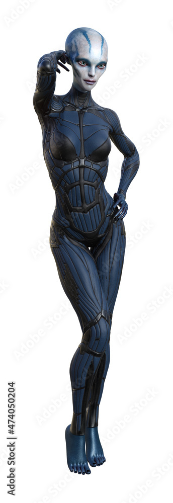 3d illustration of a bald female alien with blue and white skin wearing ...