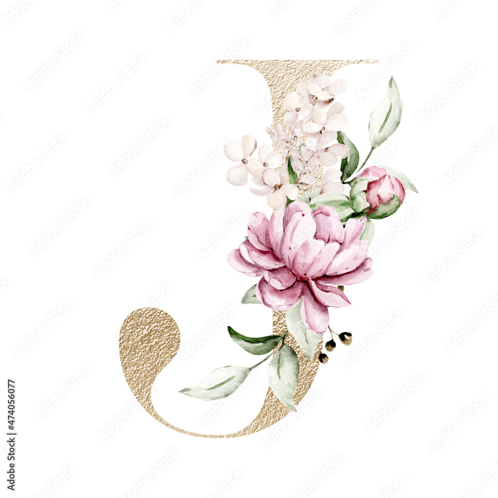 Alphabet, gold letter j with watercolor flowers and leaf. Golden ...