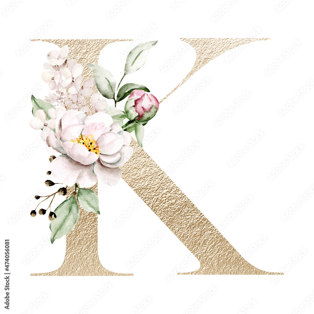 Alphabet, gold letter k with watercolor flowers and leaf. Golden ...