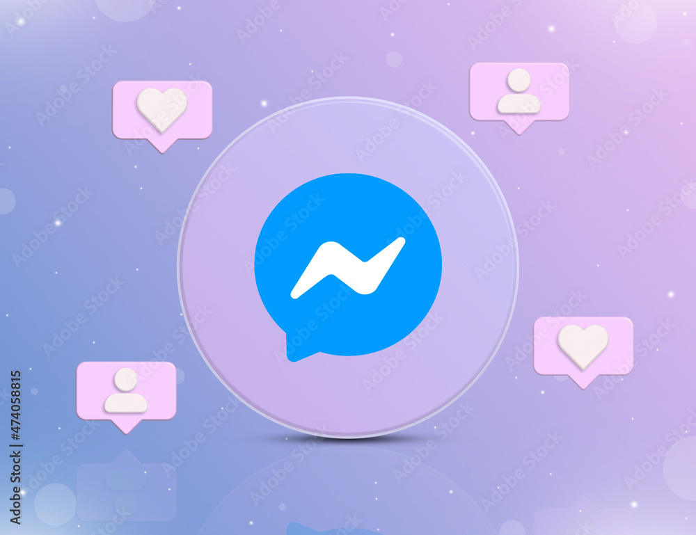 Messenger social network logo with notification icons of new likes and ...