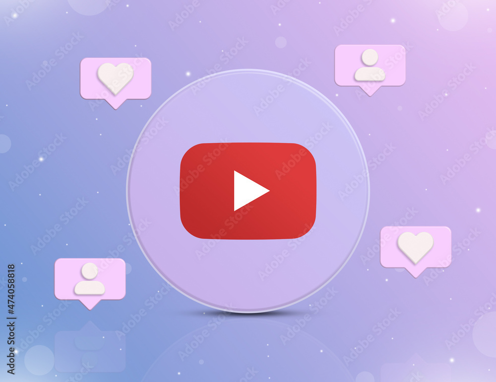 Youtube social network logo with notification icons of new likes and ...
