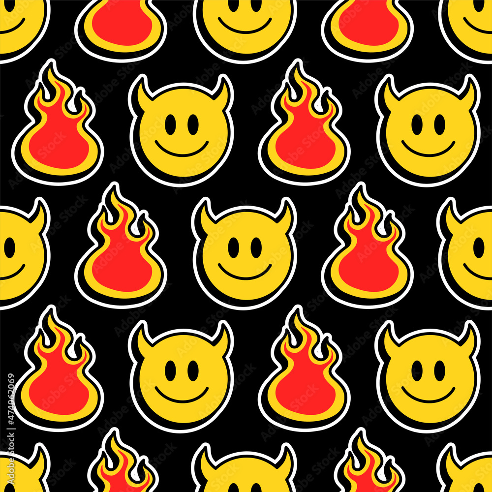 Funny smile face with demon horns and hell fire seamless pattern.Vector ...
