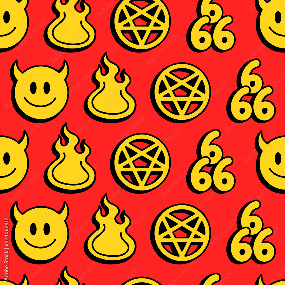 Vettoriale Stock Funny demon smile face,hell fire,666 numbers,pentagram ...