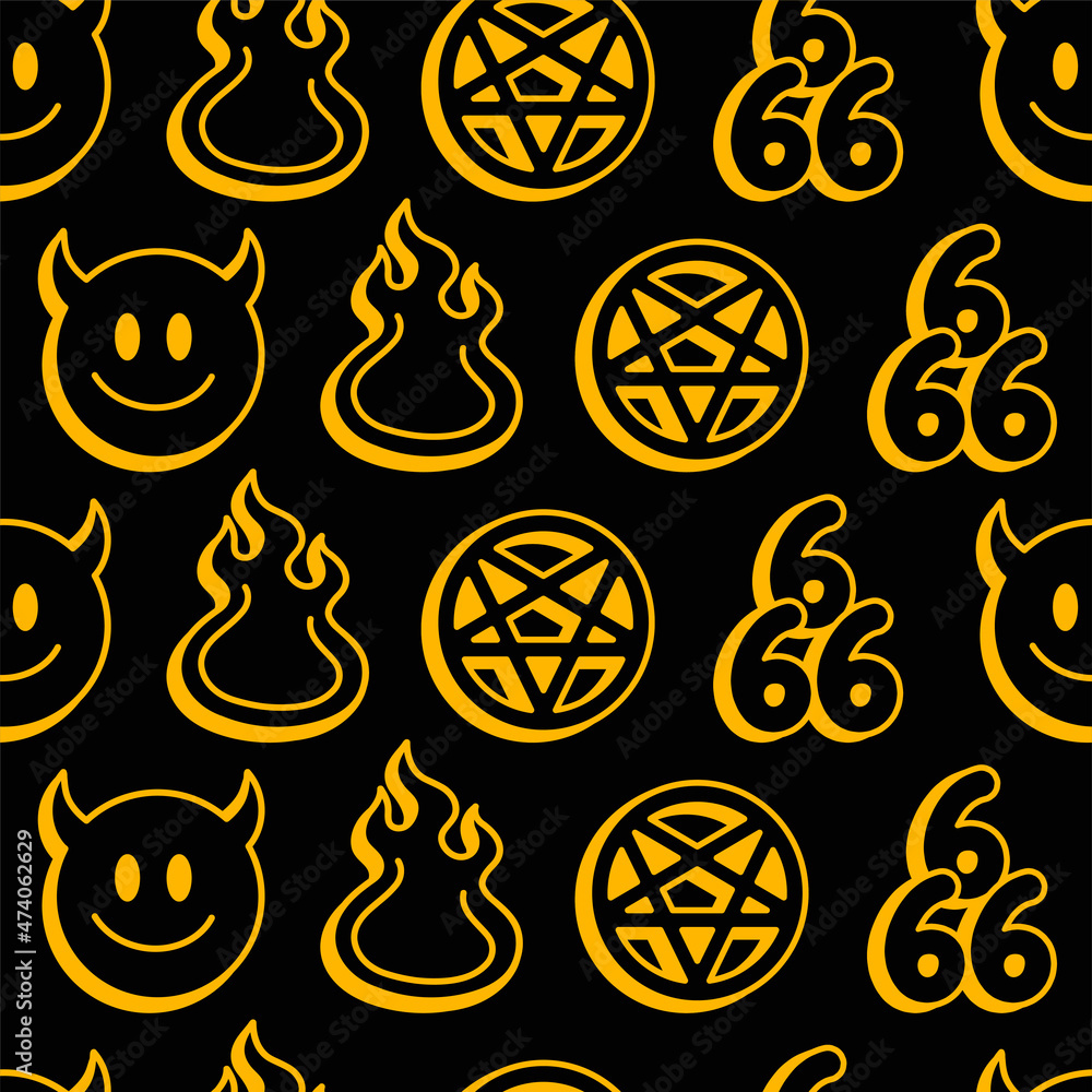 Funny demon smile face,hell fire,666 numbers,pentagram seamless pattern ...