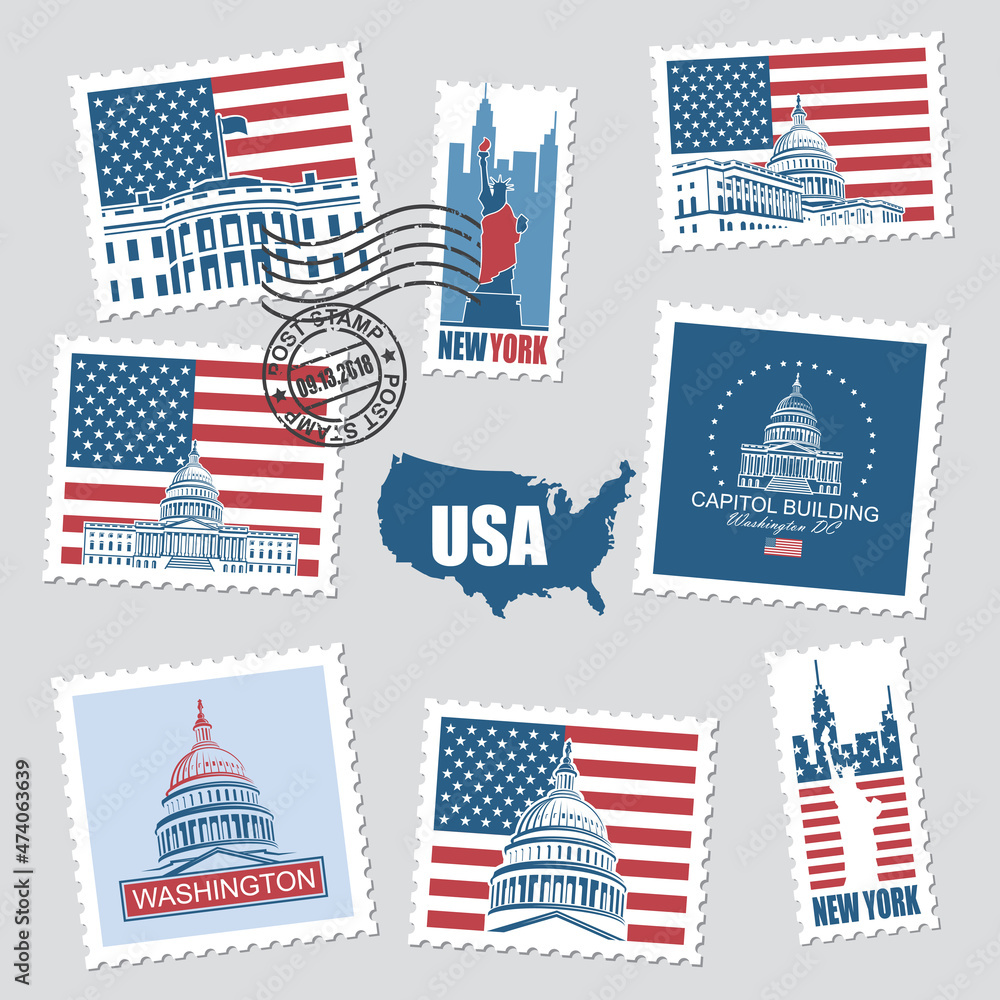 postage stamps set with american symbols statue of liberty, capitol ...