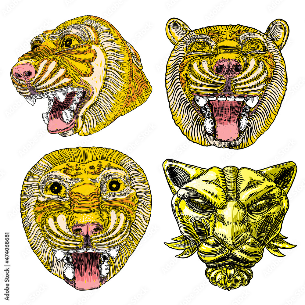 Set of tiger faces and heads made of stone and marble. Decorative ...