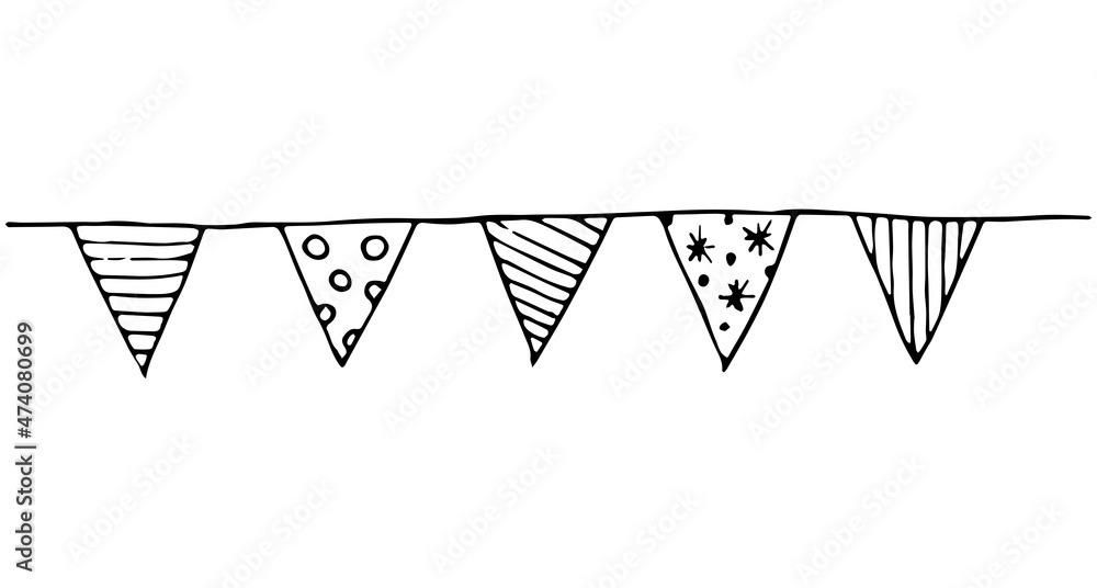 Hand drawn doodle garland of flags. Vector black and white bunting ...
