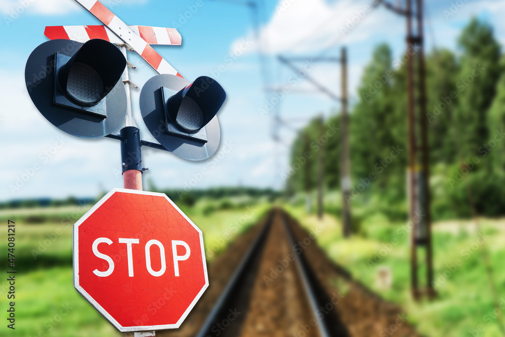Stop sign background. Long railway landscape. Road sign suggesting ...
