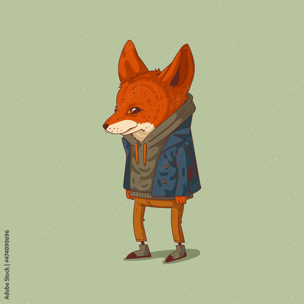 Cartoon vector illustration of humanized hipster fox. Calm fennec ...
