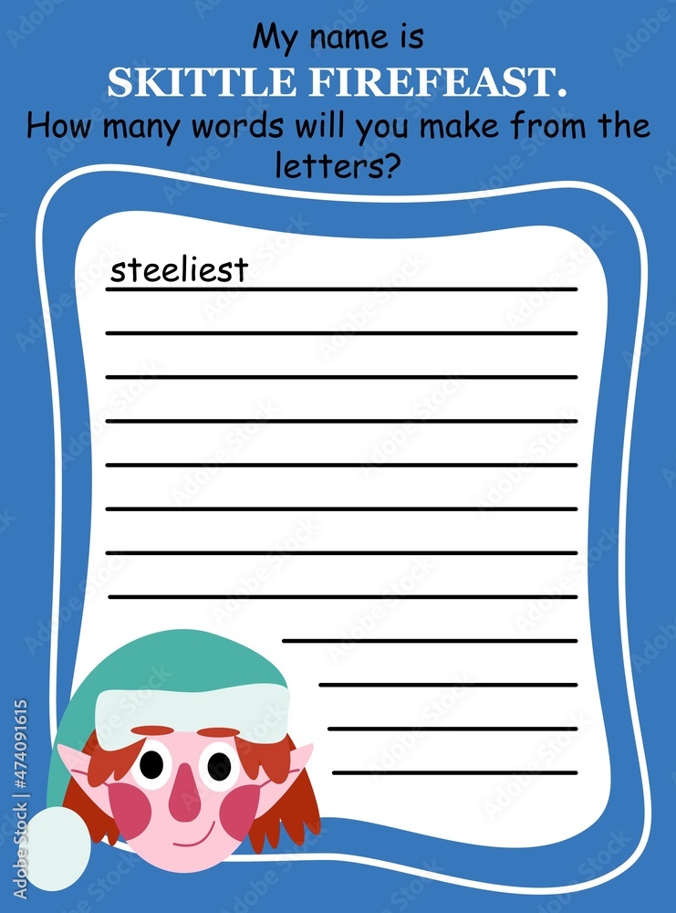 Xmas word game with elf-girl activity page vector. Funny educational ...