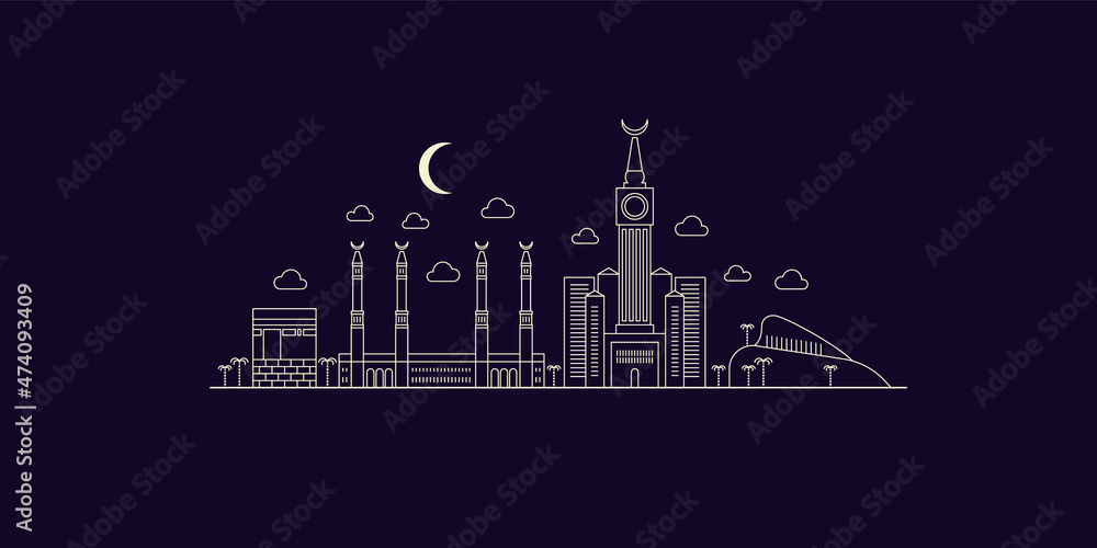 Mecca city flat illustration. Mecca holiday travel line drawing. Modern ...