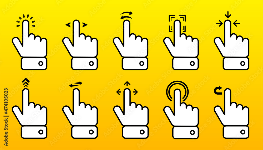 Hand Swipe and Tap icon collection. Up arrow button symbol. Social ...