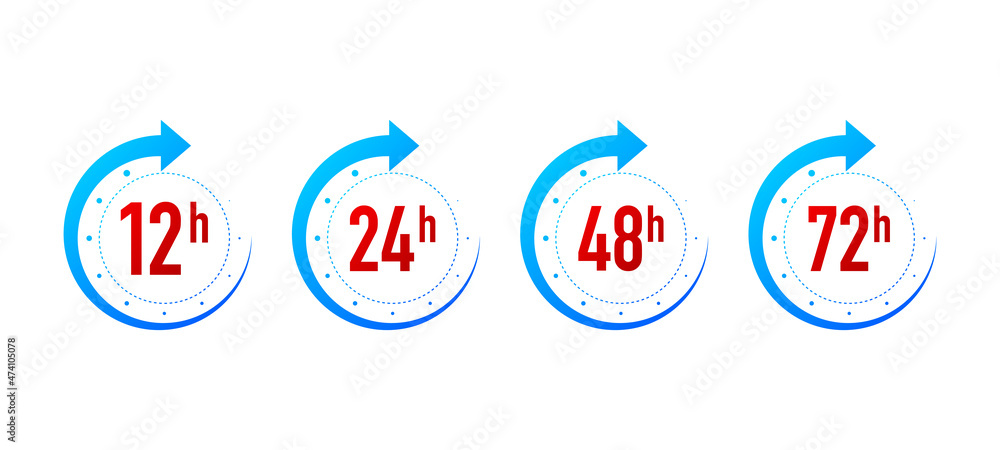 12, 24, 48 and 72 hours clock arrow on white background. Work time ...