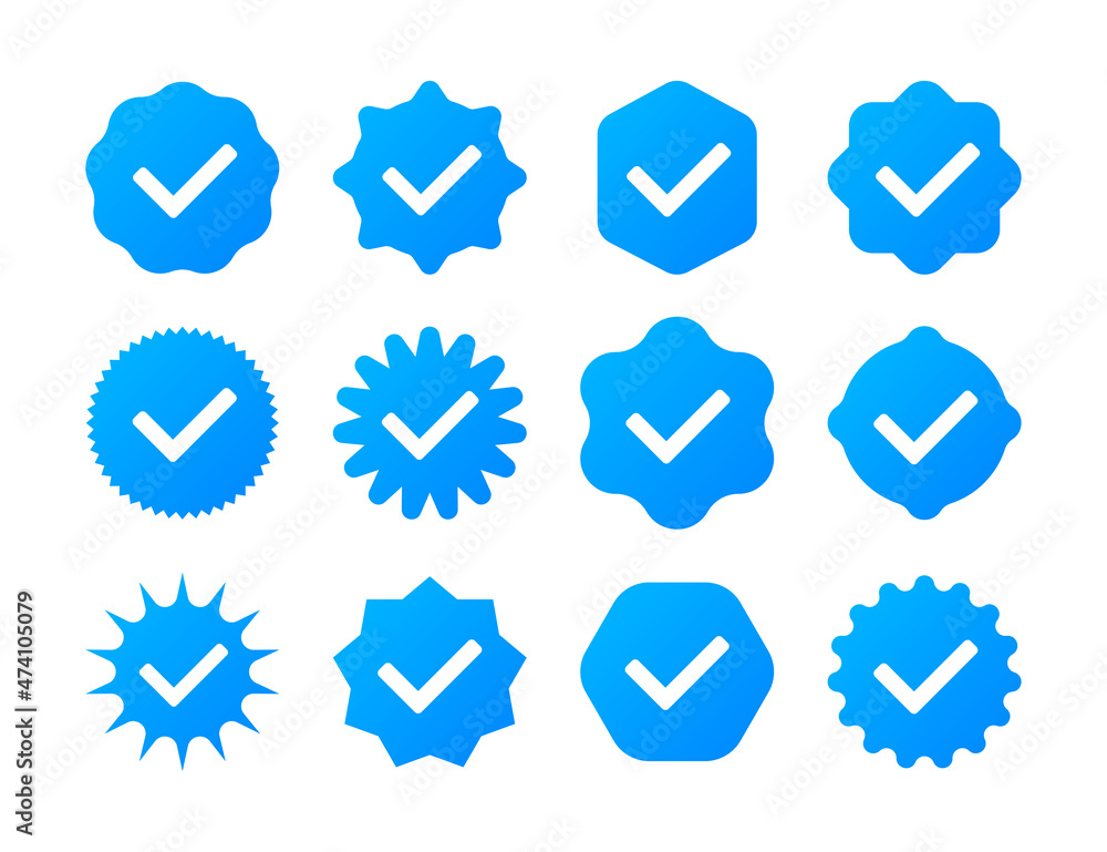 Set of blue check mark badge icons. Verification icons collection ...
