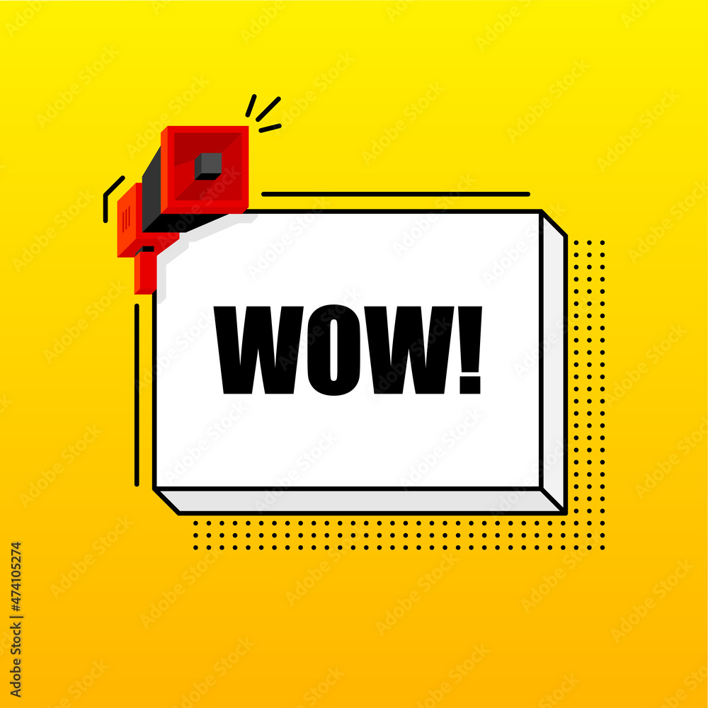 WOW banner template. Marketing flyer with megaphone. Isometric and ...