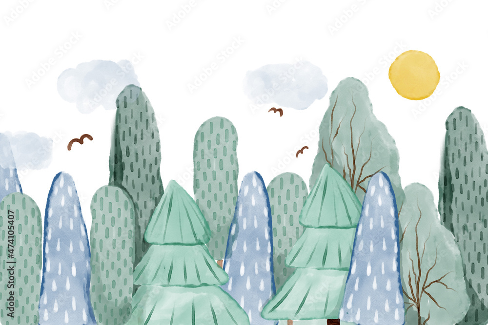 Watercolor green forest, clouds and sun. Hand drawn illustration. Stock ...