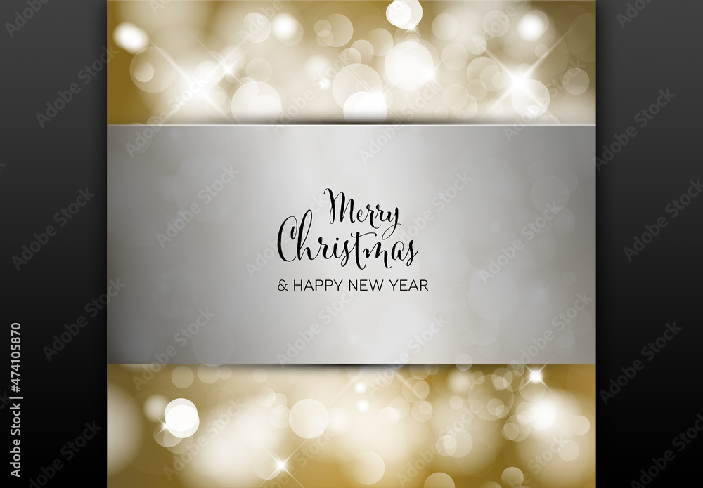 Christmas Card on Silver Stripe and Blurred Golden Background Stock ...