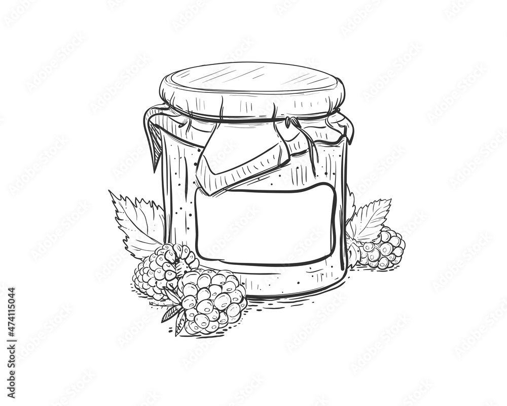 Hand drawn sketch black and white of berry, raspberry, jar, jam, leaf ...