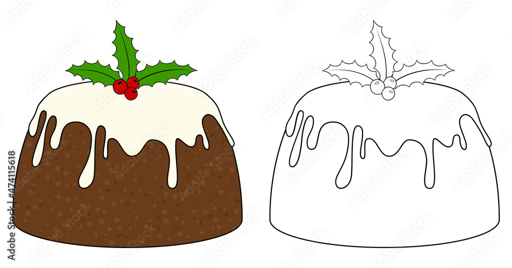 Christmas pudding with holly. Coloring book page for children. Colored ...