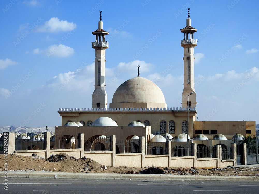 Big white Muslim mosque in Egypt on cloudy sky background, oriental ...