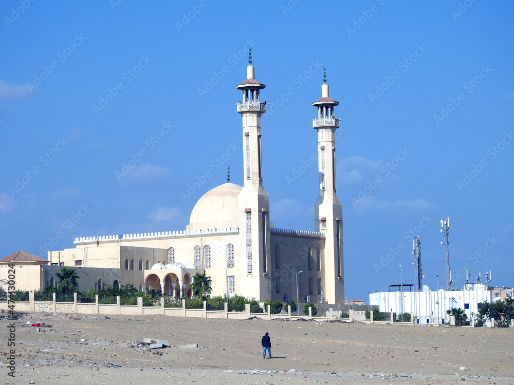 Big white Muslim mosque in Egypt on cloudy sky background, oriental ...