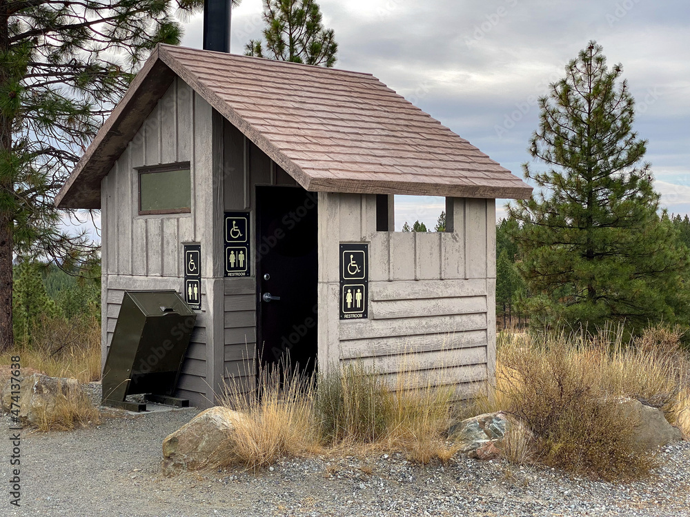 National Forest Service restroom building at trail head with bear proof ...