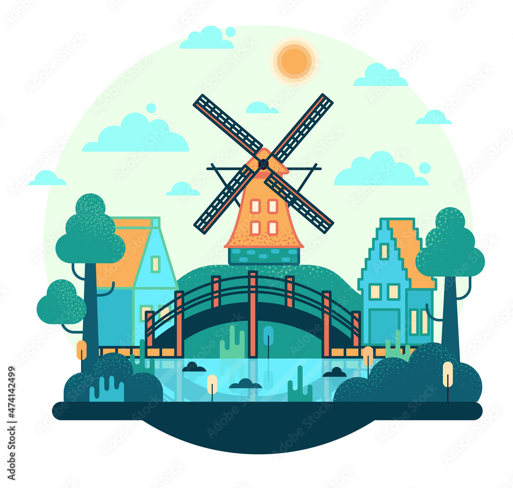 Boat hangar and wind mill by the river. Vector cartoon illustration in ...