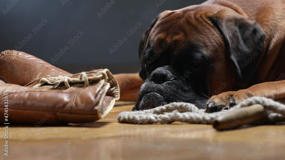 Boxer dog lying down on the floor and playing with brown vintage boxing ...