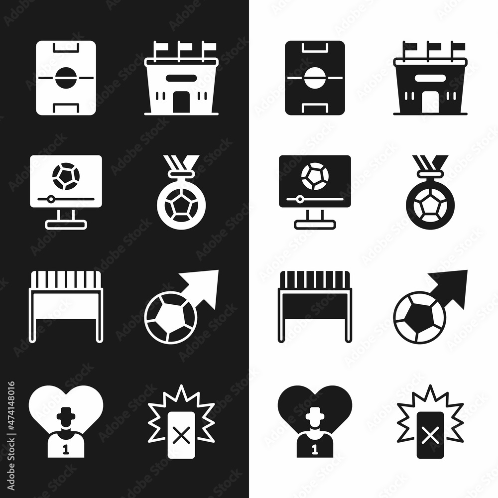 Set Football or soccer medal, match on TV, field, stadium, goal, Soccer ...