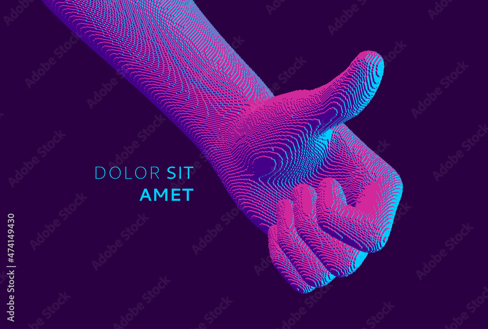 Thumbs up symbol. Hand show like or good. Sign success and nice. Voxel ...