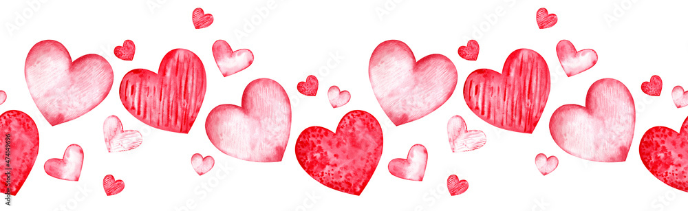 Seamless watercolor header with red hearts on the white background ...