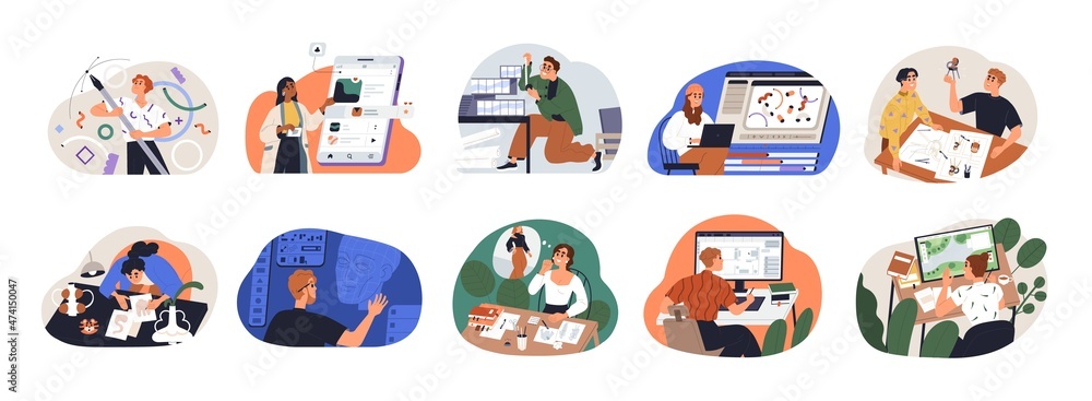 Different designers set. Creative people at laptop computers and desks ...