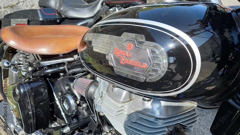 Royal Enfield logo brand and text sign on petrol Fuel tank of motorbike ...
