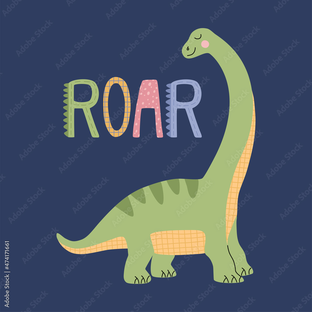 Cute green brontosaur and ROAR lettering isolated on blue background ...