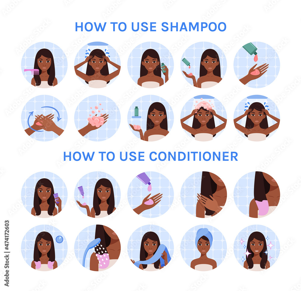 Pretty Black Woman Applies Shampoo and Conditioner. Steps. Beautiful ...